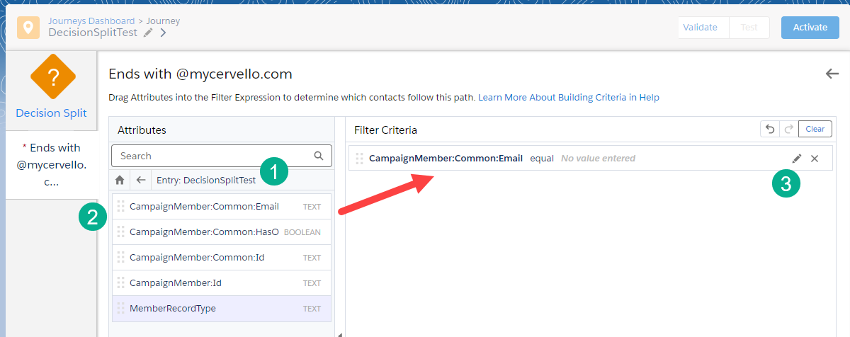 How to configure a decision split in a Journey in Marketing Cloud